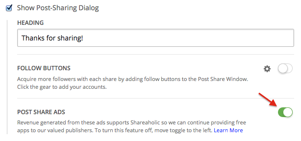 Post-Share Ads: How to turn on/off – Shareaholic Helpdesk